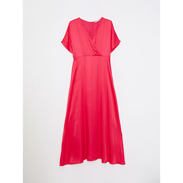 V Yaka Düz Kısa Kollu Saten Kadın Abiye Elbise