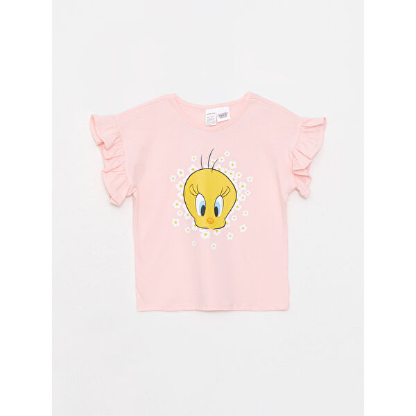 Bisiklet Yaka Kısa Kollu Tweety Baskılı Kız Bebek Tişört