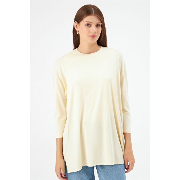 Bisiklet Yaka Düz Uzun Kollu Pamuklu Kadın Tunik