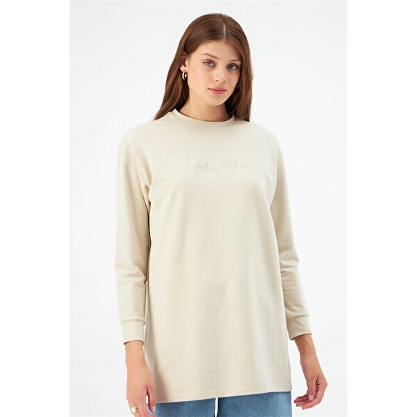 Muni Muni Bisiklet Yaka Nakışlı Uzun Kollu Kadın Tunik