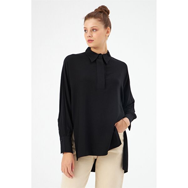 Muni Muni Gömlek Yaka Düz Uzun Kollu Viskon Kadın Tunik