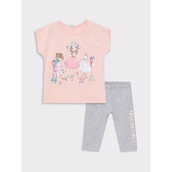 Breeze Bisiklet Yaka Baskılı Kısa Kollu Kız Çocuk Tişört ve Tayt