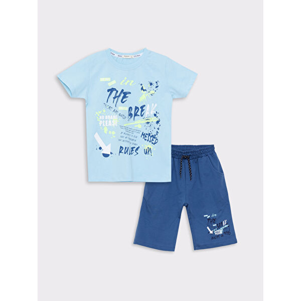 Breeze Bisiklet Yaka Baskılı Kısa Kollu Erkek Çocuk Tişört ve Şort