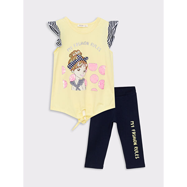 Breeze Bisiklet Yaka Baskılı Kısa Kollu Kız Çocuk Tişört ve Tayt