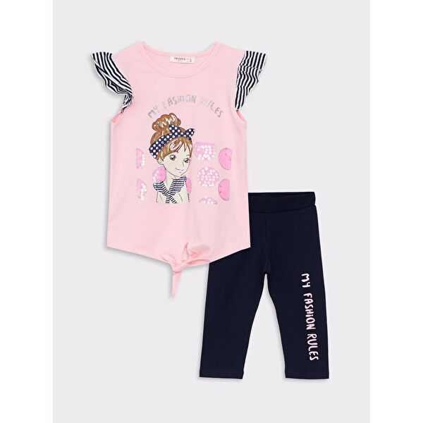 Breeze Bisiklet Yaka Baskılı Kısa Kollu Kız Çocuk Tişört ve Tayt