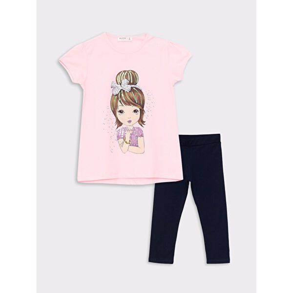 Breeze Bisiklet Yaka Baskılı Kısa Kollu Kız Çocuk Tişört ve Tayt