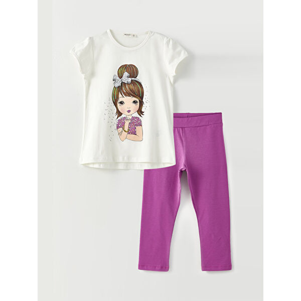 Breeze Bisiklet Yaka Baskılı Kısa Kollu Kız Çocuk Tişört ve Tayt