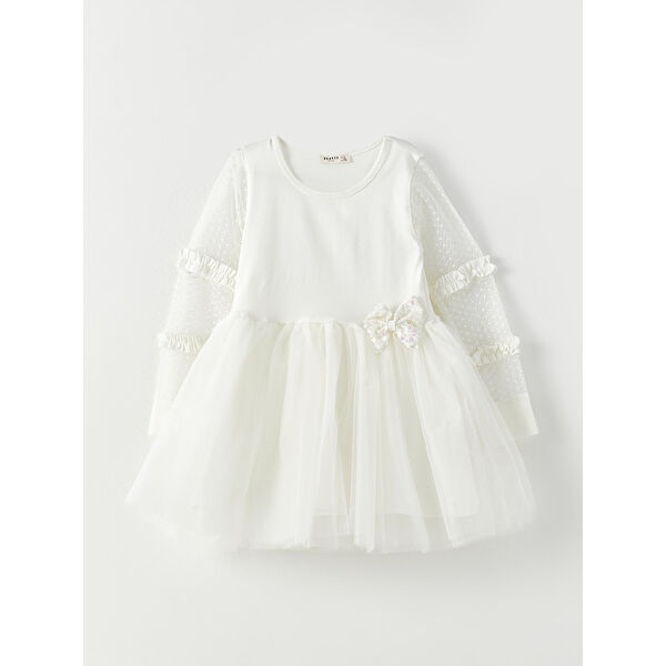 Breeze Bisiklet Yaka Uzun Kollu Tül Detaylı Kız Çocuk Elbise