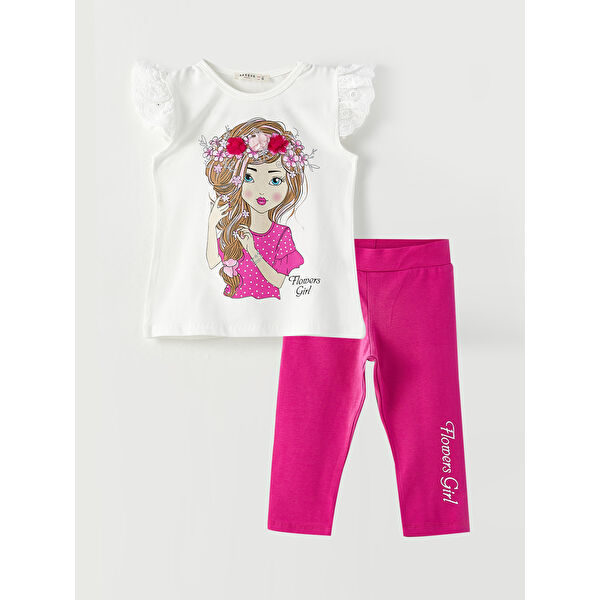 Breeze Bisiklet Yaka Baskılı Kısa Kollu Kız Çocuk Tişört ve Tayt