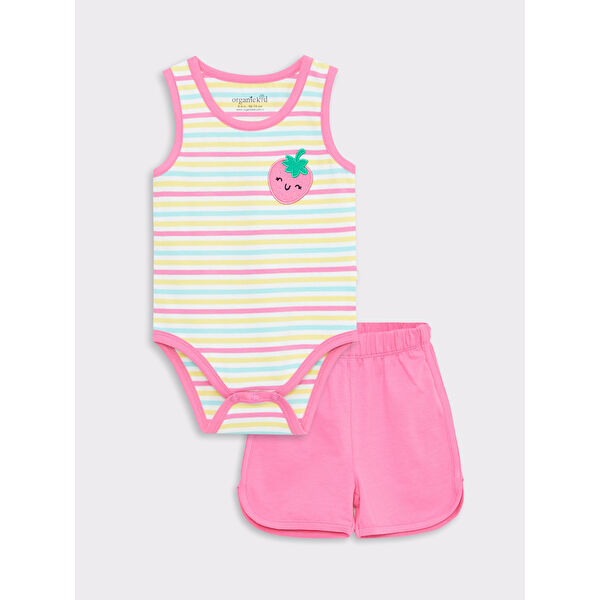 Bisiklet Yaka Çizgili Organik Pamuklu Kız Bebek 2'li Takım