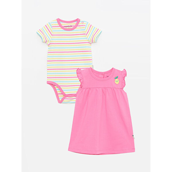 Bisiklet Yaka Kısa Kollu Organik Pamuklu Kız Bebek Çıtçıtlı Body ve Elbise 2'li Takım Bisiklet Yaka Kısa Kollu Organik Pamuklu Kız Bebek Çıtçıtlı Body ve Elbise 2'li Takım