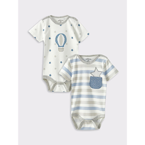 Bisiklet Yaka Kısa Kollu Baskılı Erkek Bebek Çıtçıtlı Body 2'li