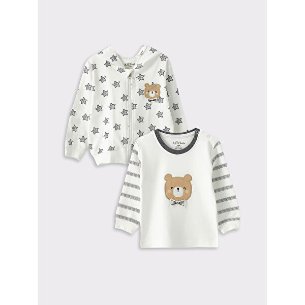 Baskılı Erkek Bebek Fermuarlı Sweatshirt ve Tişört 2'li Takım