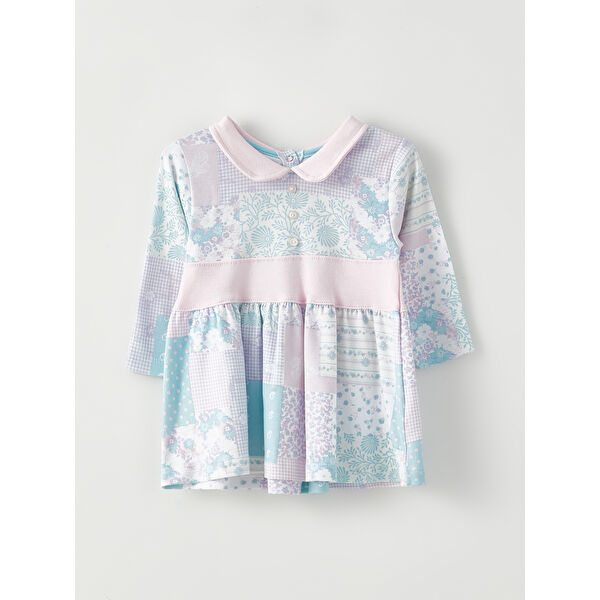 Bebe Yaka Uzun Kollu Baskılı Kız Bebek Elbise