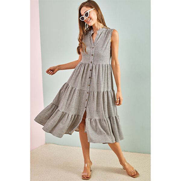 Kaçık Yaka Desenli Kolsuz Viskon Kadın Elbise