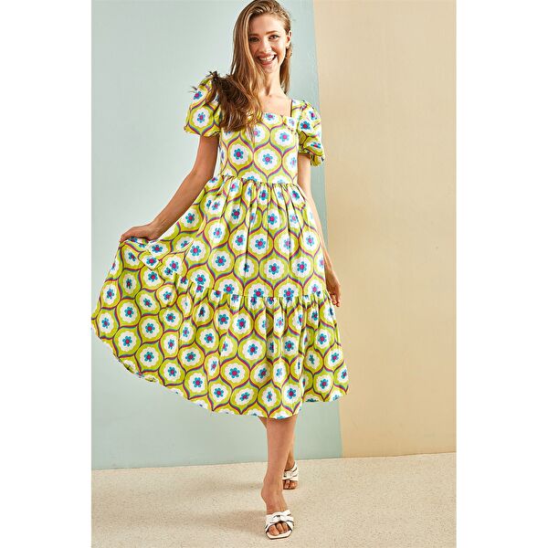 Kare Yaka Desenli Balon Kollu Kadın Elbise