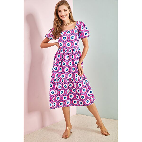 Kare Yaka Desenli Balon Kollu Kadın Elbise