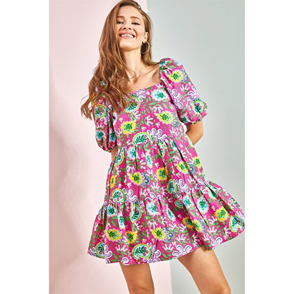 Kare Yaka Desenli Balon Kollu Viskon Kadın Elbise