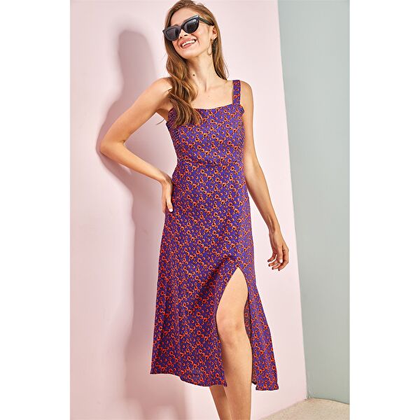 Kare Yaka Çiçekli Askılı Viskon Kadın Elbise