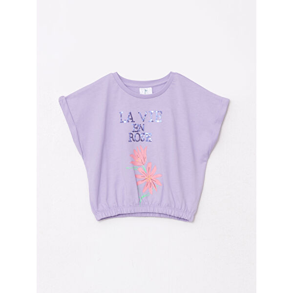 Bisiklet Yaka Kısa Kollu Nakış Detaylı Kız Bebek Tişört