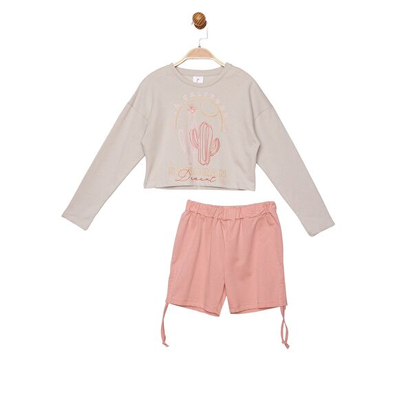 Bisiklet Yaka Baskılı Uzun Kollu Kız Çocuk Tişört ve Şort