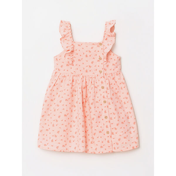 Kare Yaka Askılı Baskılı Kız Bebek Elbise