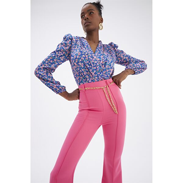 Kruvaze Yaka Desenli Uzun Kollu Kadın Bluz