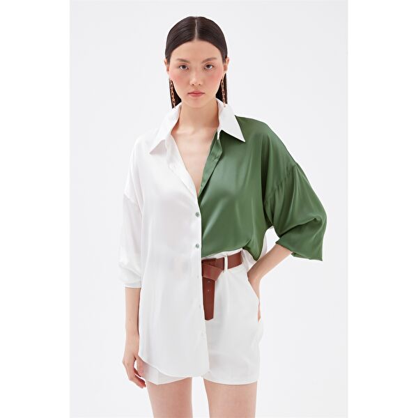 Önden Düğme Kapamalı Renk Bloklu Uzun Kollu Kadın Gömlek Ceket