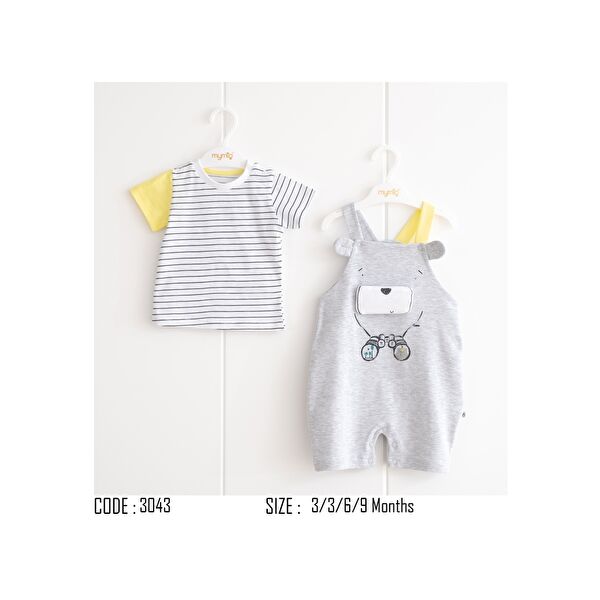 Bisiklet Yaka Kısa Kollu Erkek Bebek Tişört ve Salopet 2'li Takım