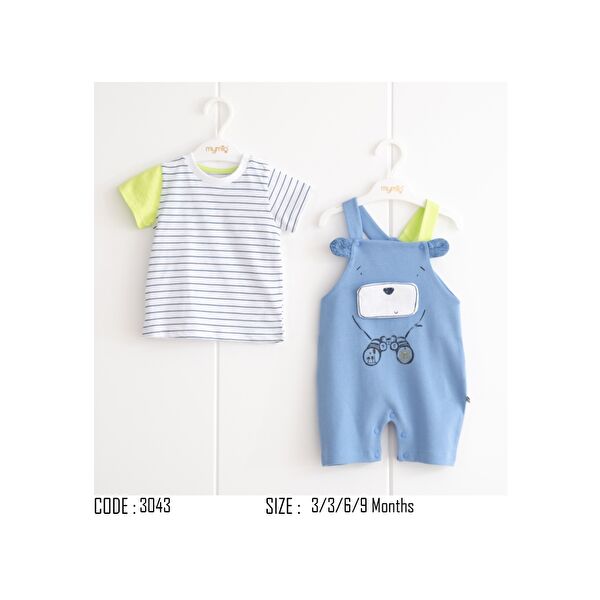 Bisiklet Yaka Kısa Kollu Erkek Bebek Tişört ve Salopet 2'li Takım