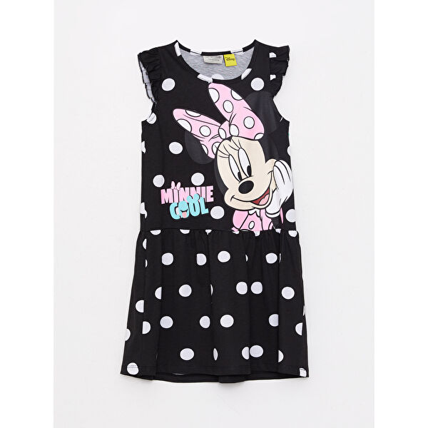 Bisiklet Yaka Minnie Mouse Baskılı Kız Çocuk Elbise