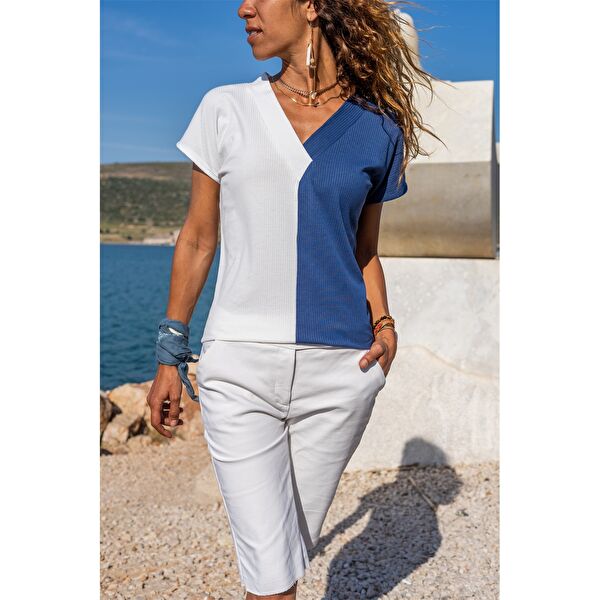 V Yaka Renk Bloklu Kısa Kollu Kadın Bluz V Yaka Renk Bloklu Kısa Kollu Kadın Bluz