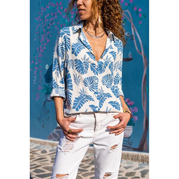 Önden Düğme Kapamalı Desenli Uzun Kollu Viskon Kadın Gömlek Önden Düğme Kapamalı Desenli Uzun Kollu Viskon Kadın Gömlek