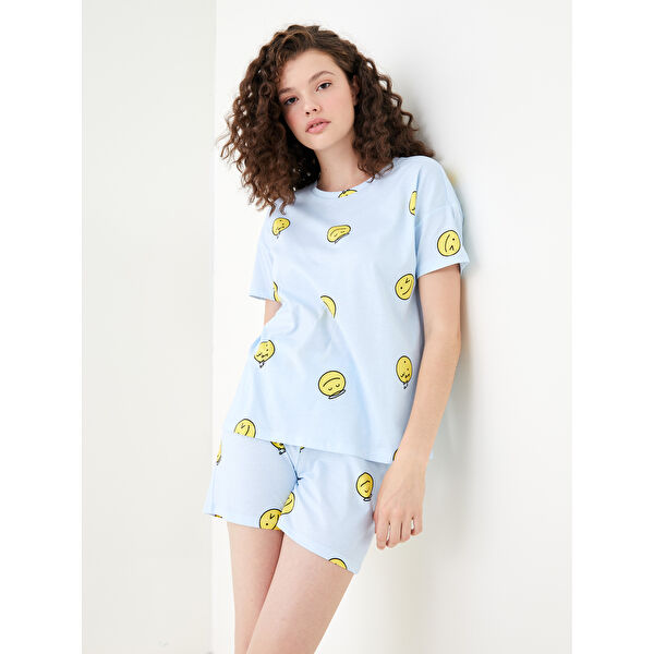 Bisiklet Yaka Baskılı Kısa Kollu Pamuklu Kadın Pijama Takımı