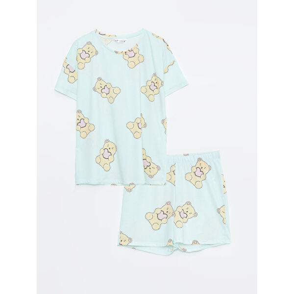 Bisiklet Yaka Baskılı Kısa Kollu Pamuklu Kadın Pijama Takımı