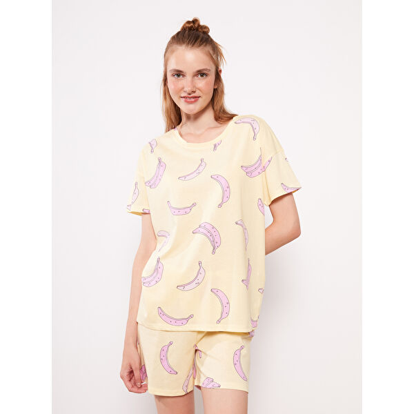 Bisiklet Yaka Baskılı Kısa Kollu Pamuklu Kadın Pijama Takımı