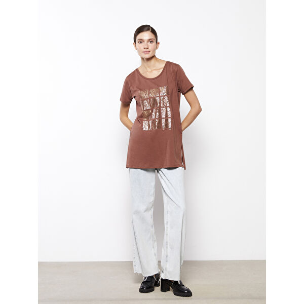 Bisiklet Yaka Baskılı Kısa Kollu Pamuklu Kadın Tişört