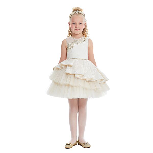 Bisiklet Yaka Nakışlı Kız Çocuk Tütü Elbise ve Taç