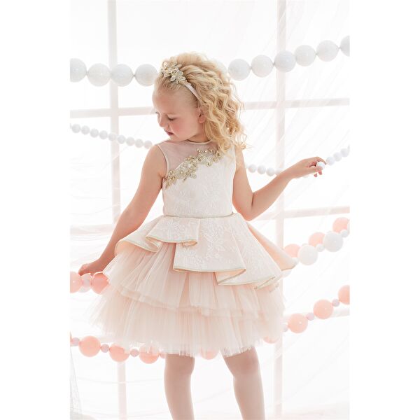 Bisiklet Yaka Nakışlı Kız Çocuk Tütü Elbise ve Taç