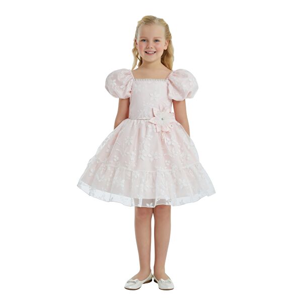 Kare Yaka Kısa Kollu Kız Çocuk Tütü Elbise