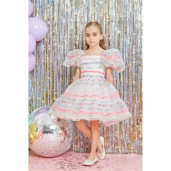 Kare Yaka Desenli Kısa Kollu Kız Çocuk Tütü Elbise Kare Yaka Desenli Kısa Kollu Kız Çocuk Tütü Elbise