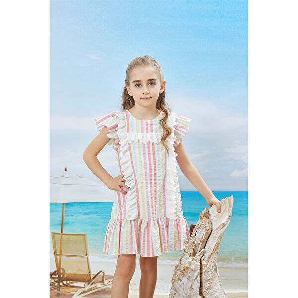 Bisiklet Yaka Çizgili Kısa Kollu Kız Çocuk Elbise