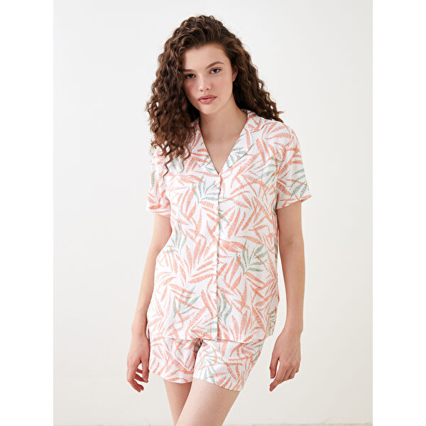 Gömlek Yaka Desenli Kısa Kollu Viskon Kadın Pijama Takımı
