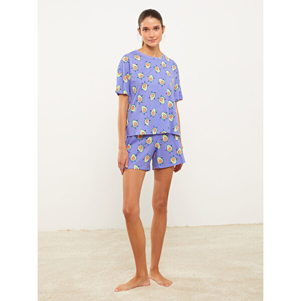 Bisiklet Yaka Baskılı Kısa Kollu Pamuklu Kadın Pijama Takımı