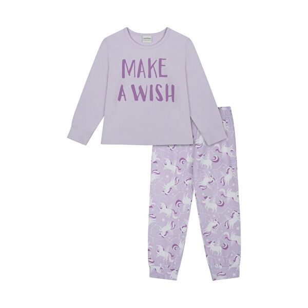 Bisiklet Yaka Baskılı Uzun Kollu Organik Pamuklu Kız Çocuk Pijama Takımı