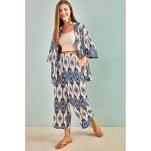 Şal Yaka Desenli Uzun Kollu Kadın Kimono ve Pantolon Takım