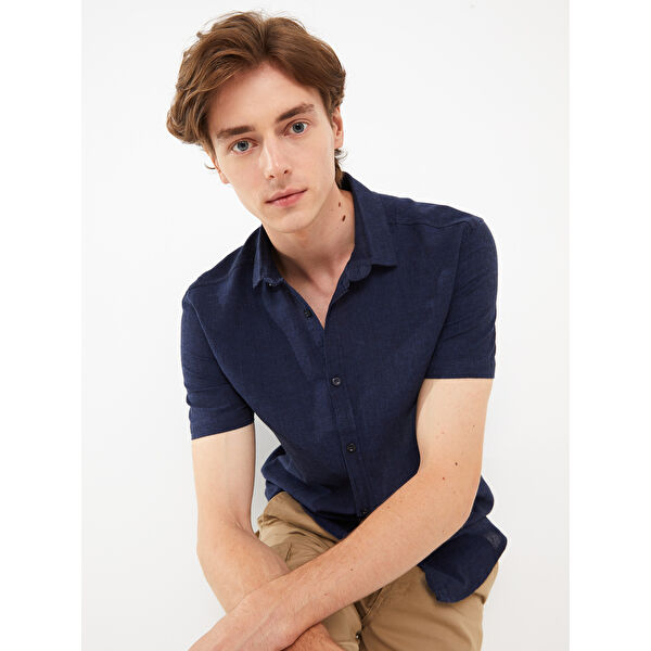 Slim Fit Kısa Kollu Keten Erkek Gömlek