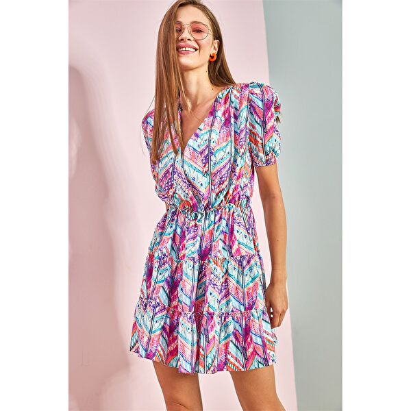 Kruvaze Yaka Desenli Kısa Kollu Kadın Elbise