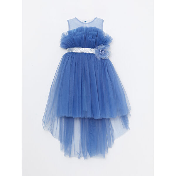 Bisiklet Yaka Pul İşlemeli Tül Detaylı Kız Çocuk Elbise