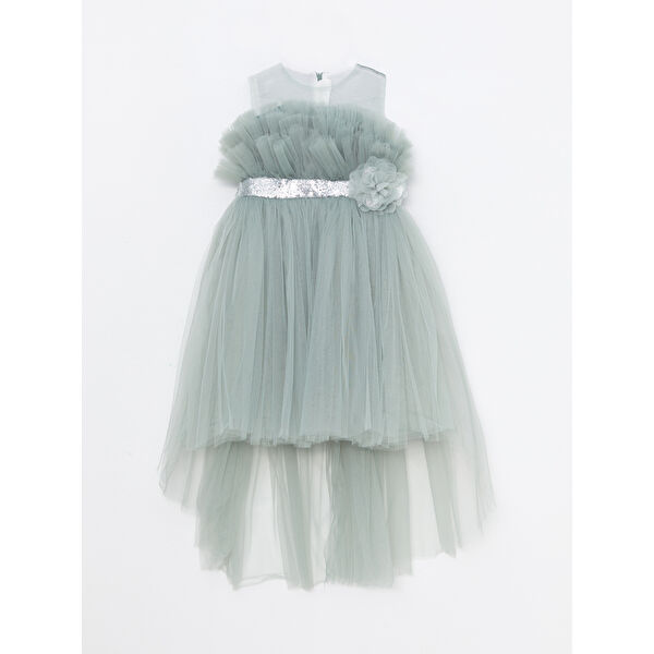 Bisiklet Yaka Pul İşlemeli Tül Detaylı Kız Çocuk Elbise